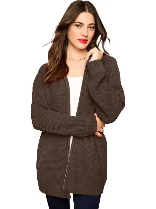 ROAMAN'S Waffle Knit Zip-front Relaxed Hoodie - Chocolate
