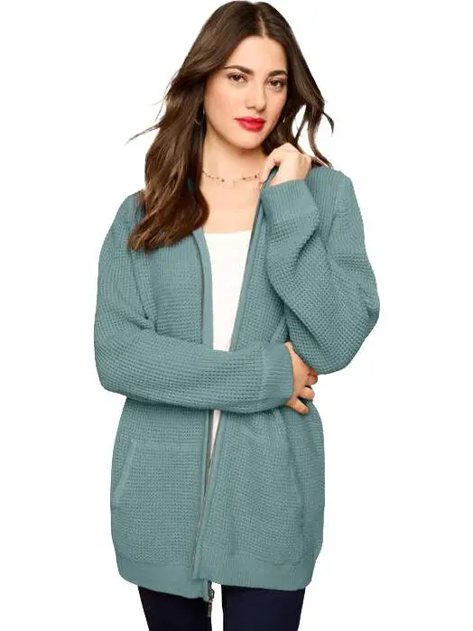 Roaman's Waffle Knit Zip-front Relaxed Hoodie - Cool Sage