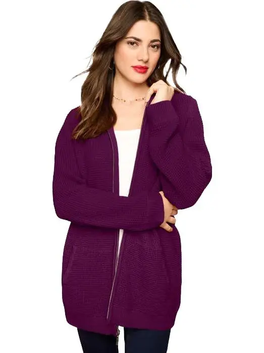 ROAMAN'S Waffle Knit Zip-front Relaxed Hoodie - Dark Berry
