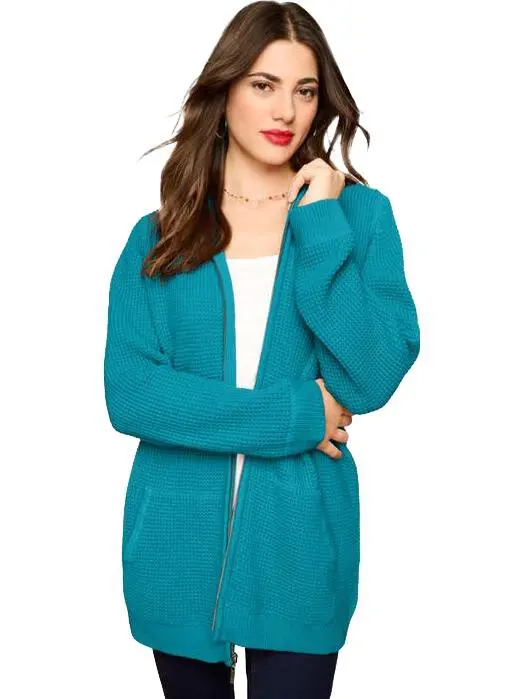 ROAMAN'S Waffle Knit Zip-front Relaxed Hoodie - Deep Turquoise