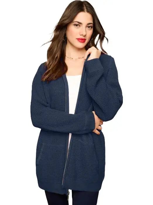 ROAMAN'S Waffle Knit Zip-front Relaxed Hoodie - Navy