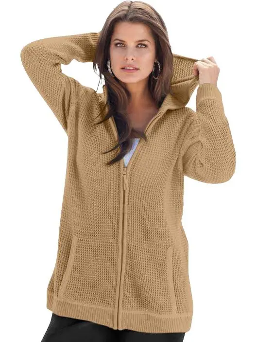 ROAMAN'S Waffle Knit Zip-front Relaxed Hoodie - Soft Camel