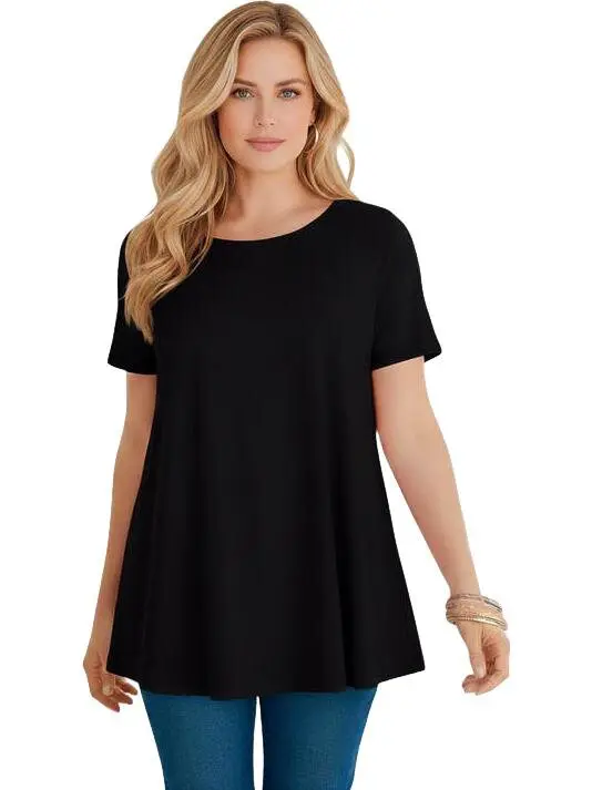 Roaman's Ultimate Cotton Crewneck Short Sleeve Swing Tee - Black
