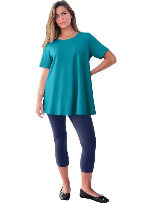 Roaman's Ultimate Cotton Crewneck Short Sleeve Swing Tee - Deep Turquoise