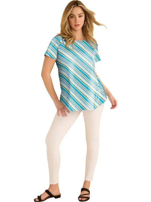 ROAMAN'S Ultimate Cotton Crewneck Short Sleeve Swing Tee - Turq Diagonal Stripe