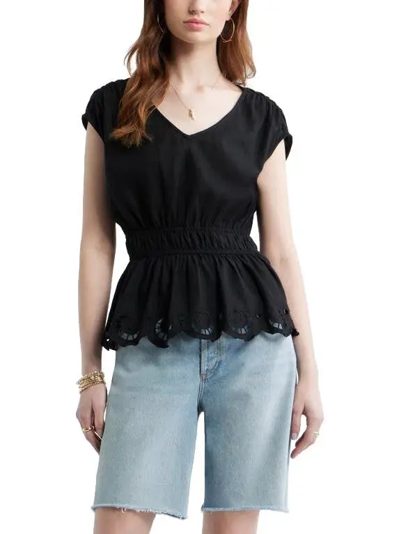 Treasure & Bond Eyelet Hem Peplum Top - Black