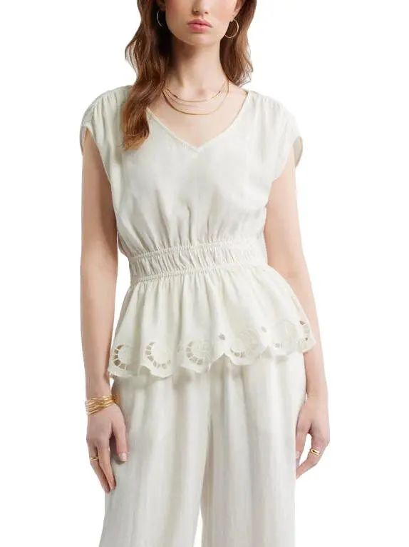 Treasure & Bond Eyelet Hem Peplum Top - Ivory Egret