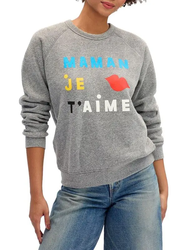 Clare V. X Every Mother Counts Cotton Fleece Graphic Sweatshirt - Grey Maman Je T'aime