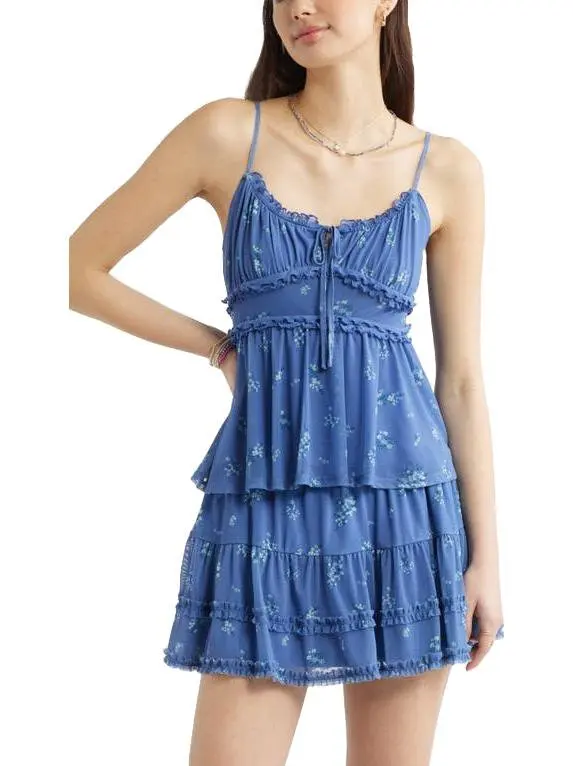 Bp. Floral Mesh Ruffle Trimmed Camisole - Blue Colony Meadow Clusters