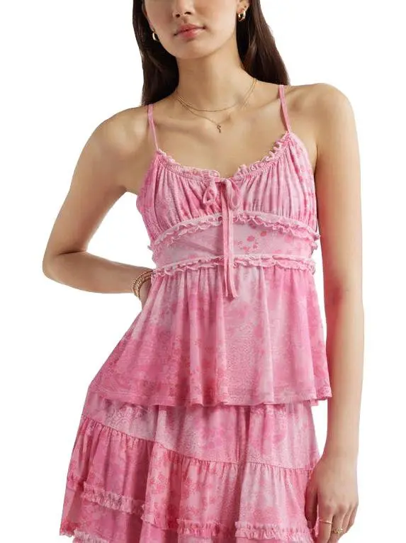 Bp. Floral Mesh Ruffle Trimmed Camisole - Pink Flora Paisley