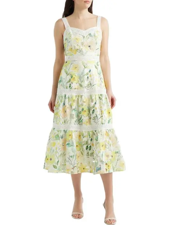 ZOE AND CLAIRE Printed Lace Trim Sleeveless Midi Dress - Yellow Multi