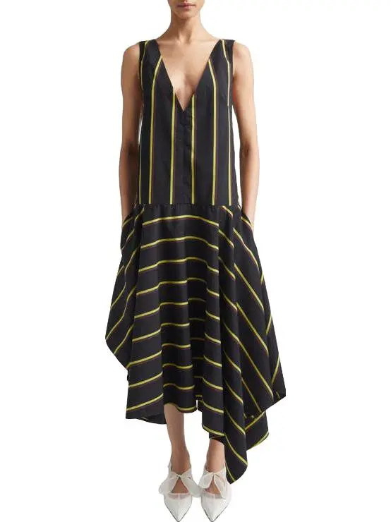 Proenza Schouler Beatriz Stripe Asymmetric Midi Dress - Black Multi