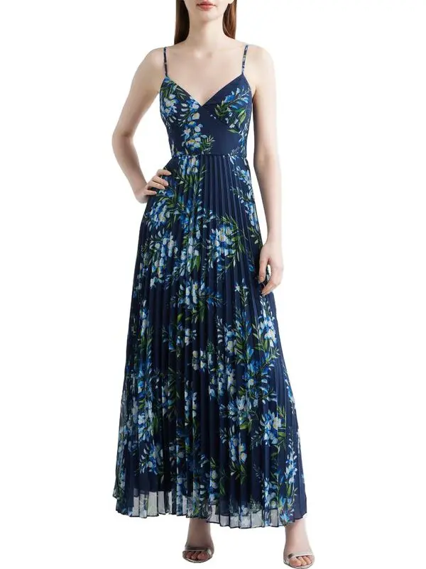 Julia Jordan Floral Pleated Gown - Navy Multi