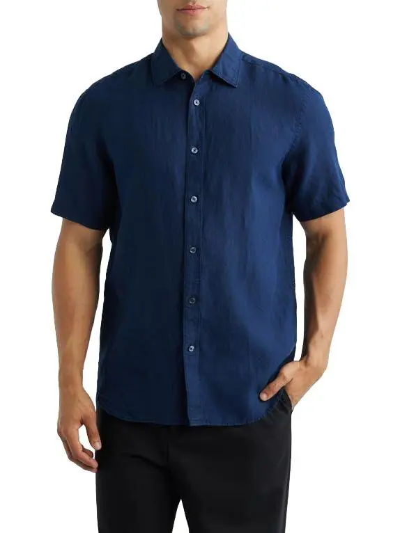 Bugatchi Orson Shaped Fit Short Sleeve Linen Button-up Shirt - Navy