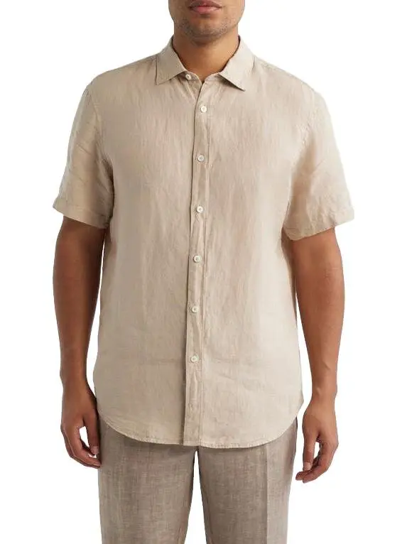 Bugatchi Orson Shaped Fit Short Sleeve Linen Button-up Shirt - Sand