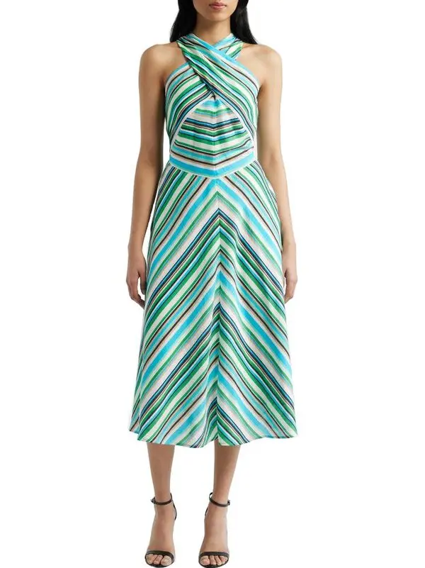 TAHARI ASL Stripe Cross Neck Midi Dress - Parakeet Multi