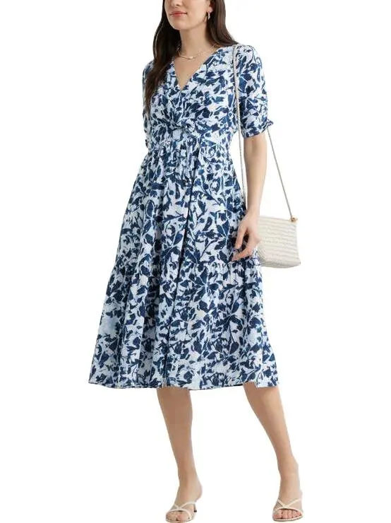 Caslon Twist Detail Gauze Midi Dress - Navy- White Brushed Blooms