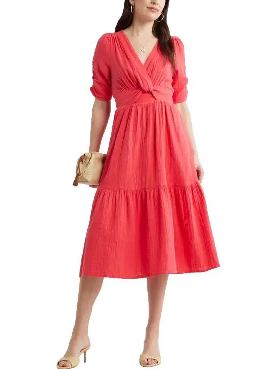 Caslon Twist Detail Gauze Midi Dress - Red Geranium