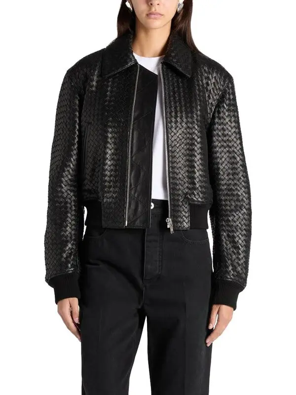 Bottega Veneta Intrecciato Leather Bomber Jacket - 1010 Double Black