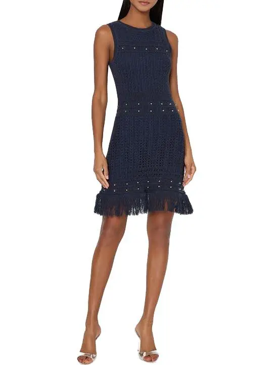 MILLY Beaded Fringe Knit Minidress - Navy