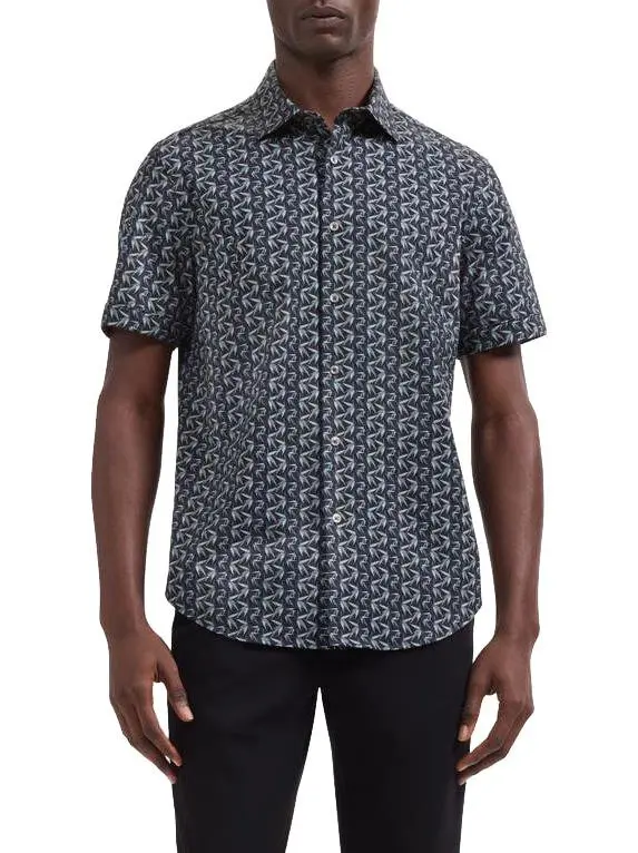 Bugatchi Miles Ooohcotton® Leaf Print Short Sleeve Button-up Shirt - Khaki
