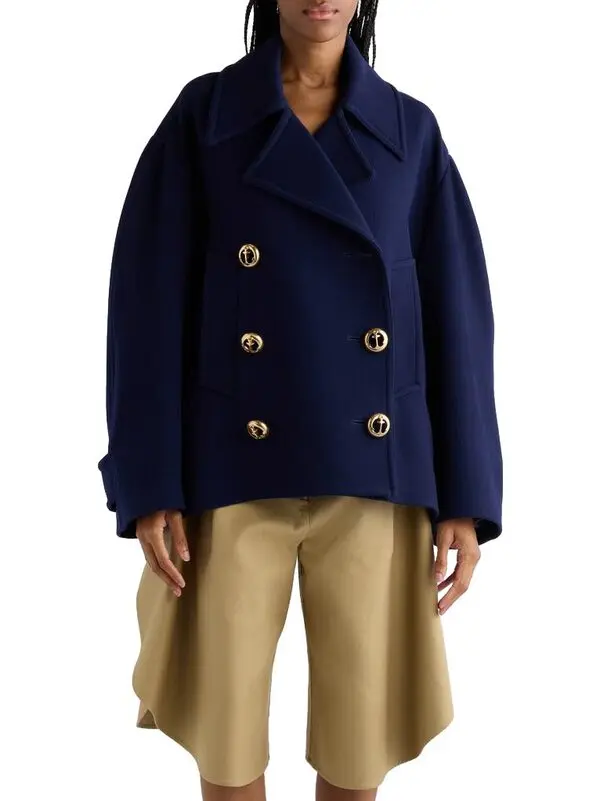 Balenciaga Brushed Wool Pea Coat - Gold/navy