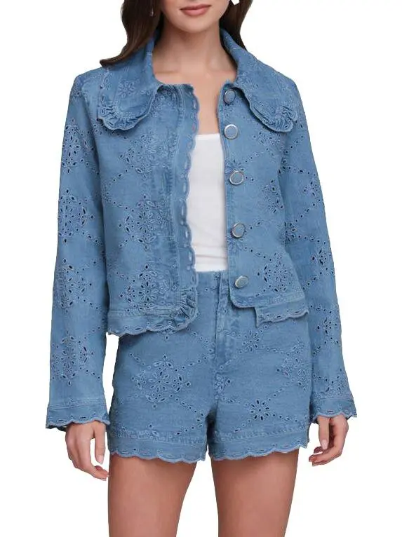 Avec Les Filles Eyelet Cotton Crop Jacket - Sea Blue Wash