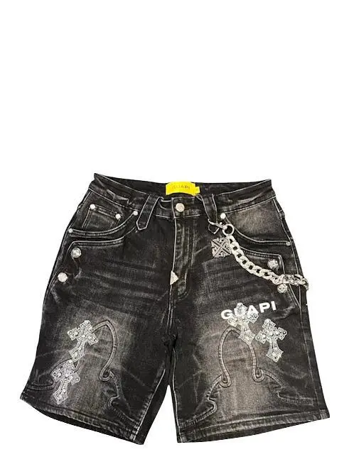 GUAPI Faded Cross Denim Shorts - Black