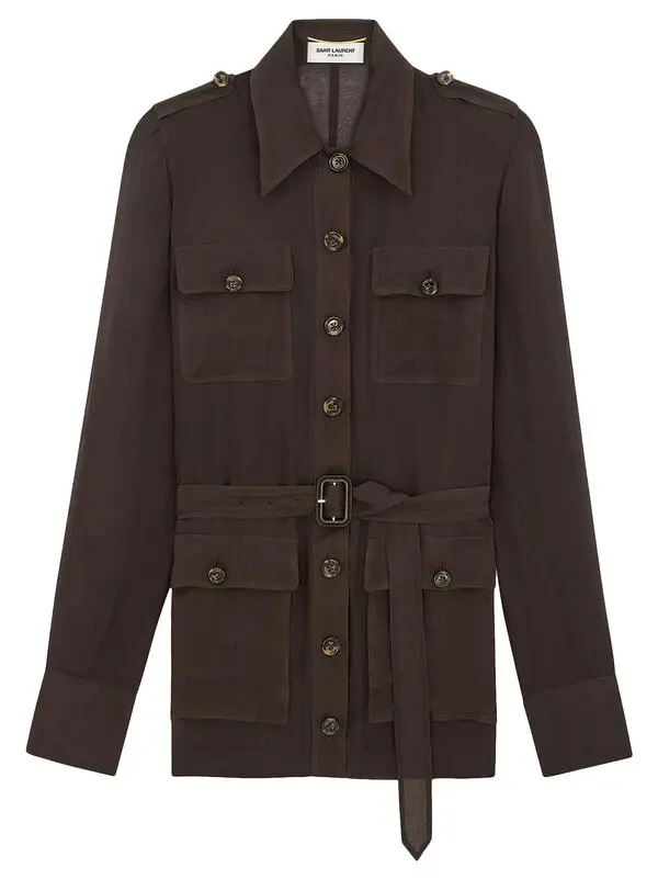 Saint Laurent Organic Silk Belted Shirt Dress - Brown