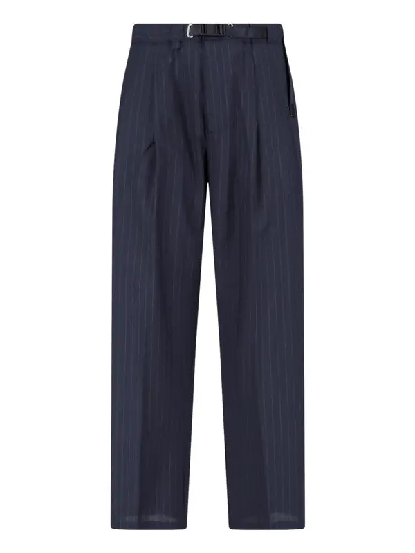 WHITE SAND Pinstripe Wool Pants With Belt - Black