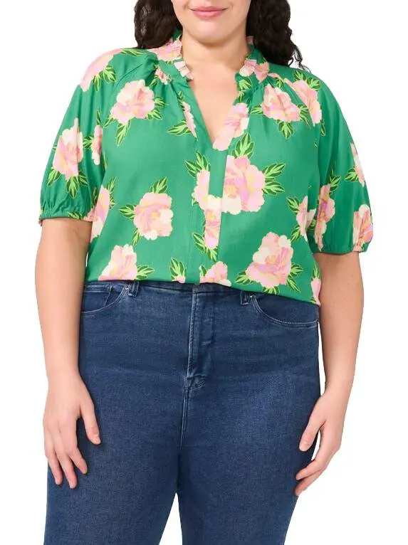 CECE DUPRAZ Floral Ruffle Neck Top - Medium Green