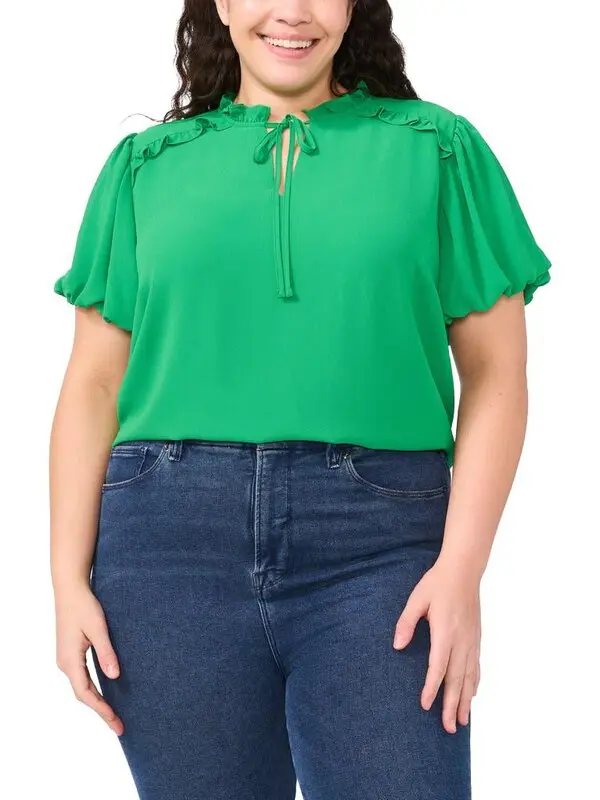 CECE DUPRAZ Ruffle Tie Neck Puff Sleeve Top - Medium Green