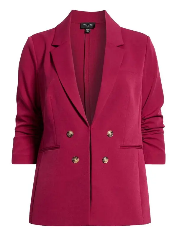 TAHARI ASL Ruched Sleeve Faux Double Breasted Blazer - Berry Bliss