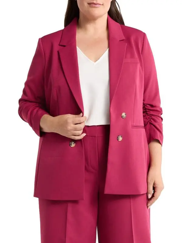 TAHARI ASL Ruched Sleeve Faux Double Breasted Blazer - Berry Bliss
