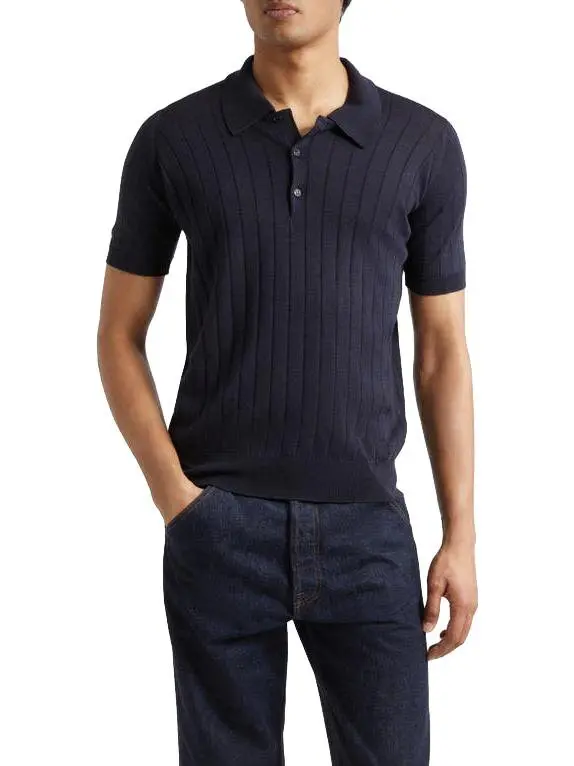 John Smedley Williams Merino Wool & Cotton Polo Sweater - Navy