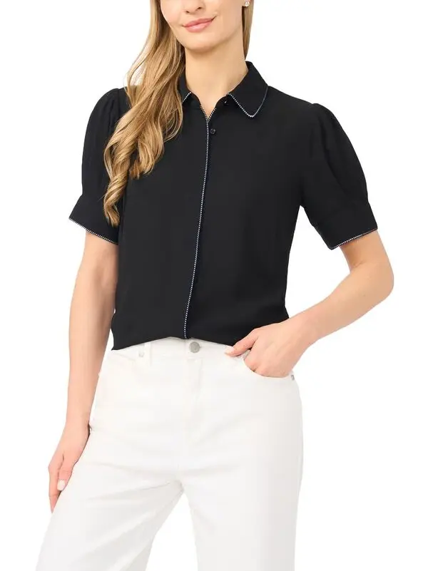 CECE DUPRAZ Contrast Tipped Georgette Button-up Top - Rich Black