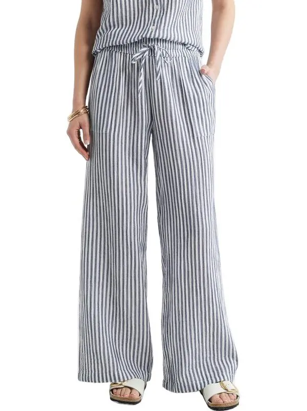 Caslon Wide Leg Linen Blend Pants - Navy- White Brianne Stripe
