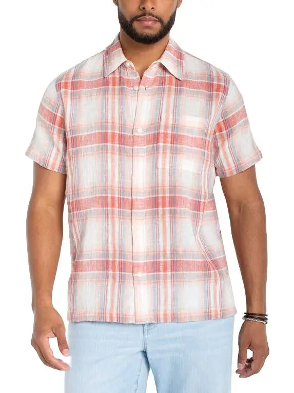LIVERPOOL Short Sleeve Cotton & Linen Button-up Shirt - Coral Multi