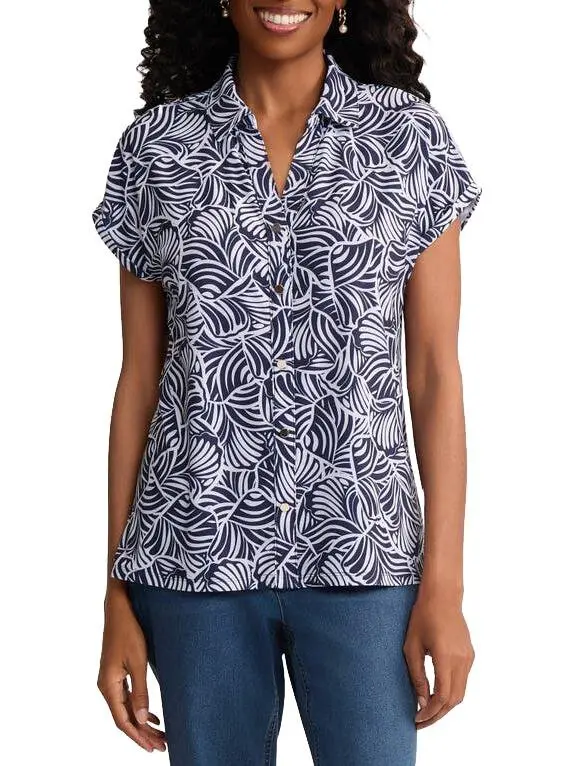 Jones New York Leaf Print Button-up Shirt - Pacific Navy/natural White