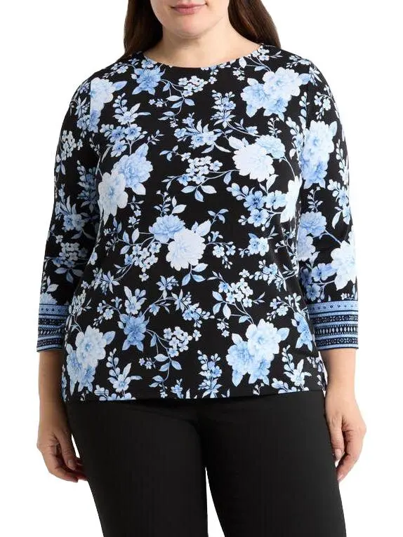 Anne Klein Floral Print Three-quarter Sleeve Top - Anne Black Multi