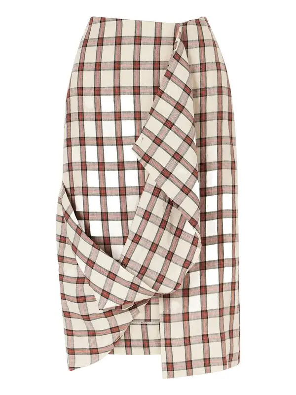 RÓHE Draped Checked Linen Midi Skirt - Brown