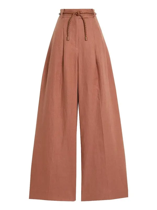 Zimmermann Belted Linen Wide-leg Pants - Brown