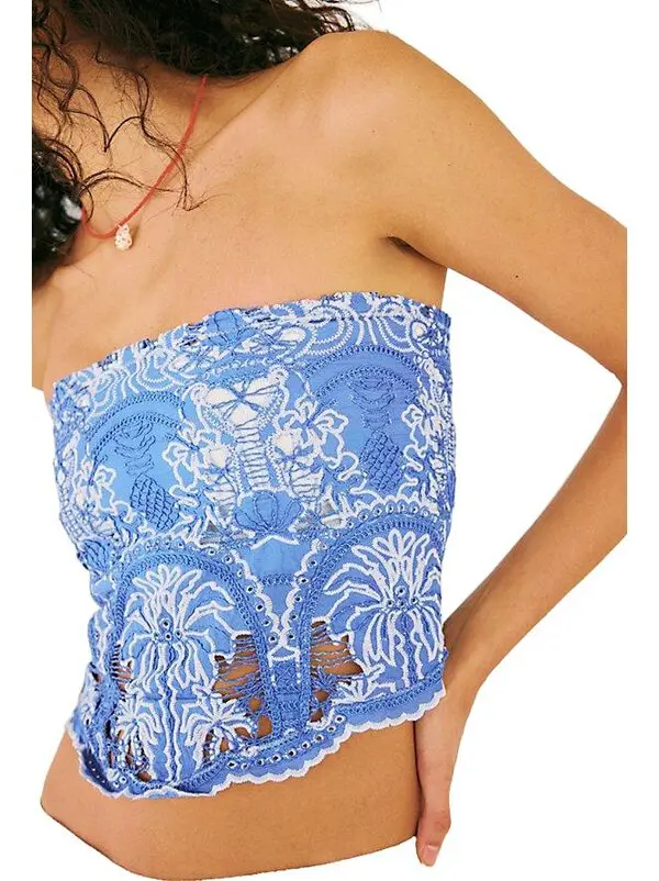 THE FARRA Embroidered Tube Top - Blue