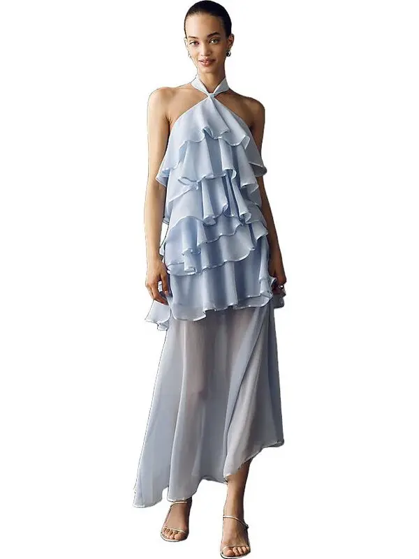 ELLIATT Eliane Halter Ruffle Asymmetrical Maxi Dress - Blue