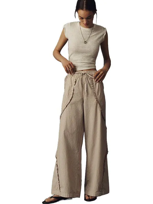 PILCRO Ruffle Wide-leg Pants - Neutral Pattern