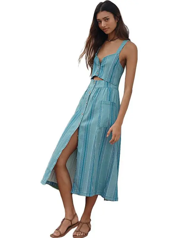 PILCRO Cotton Cutout Midi Dress - Tonal Blue Stripe