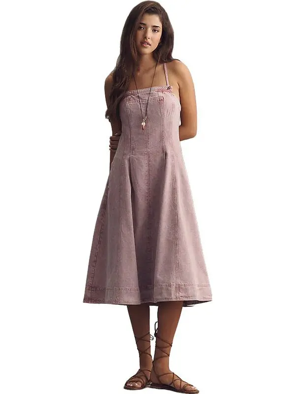 PILCRO Square-neck Apron Denim Midi Dress - Washed Rose