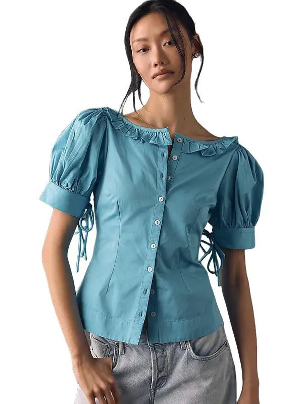 DAMSON MADDER Anke Organic Cotton Puff-sleeve Blouse - Blue