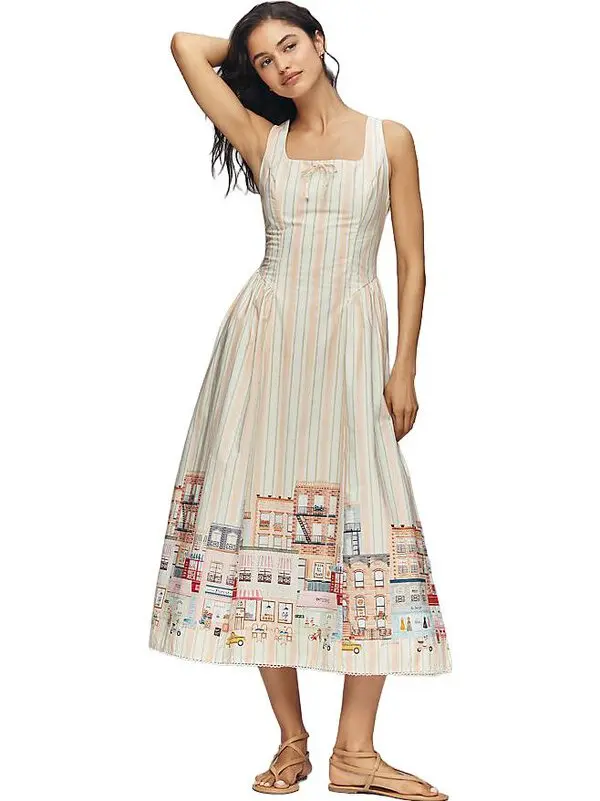 EN SAISON Athena Square-neck Midi Dress - Pink White Multi
