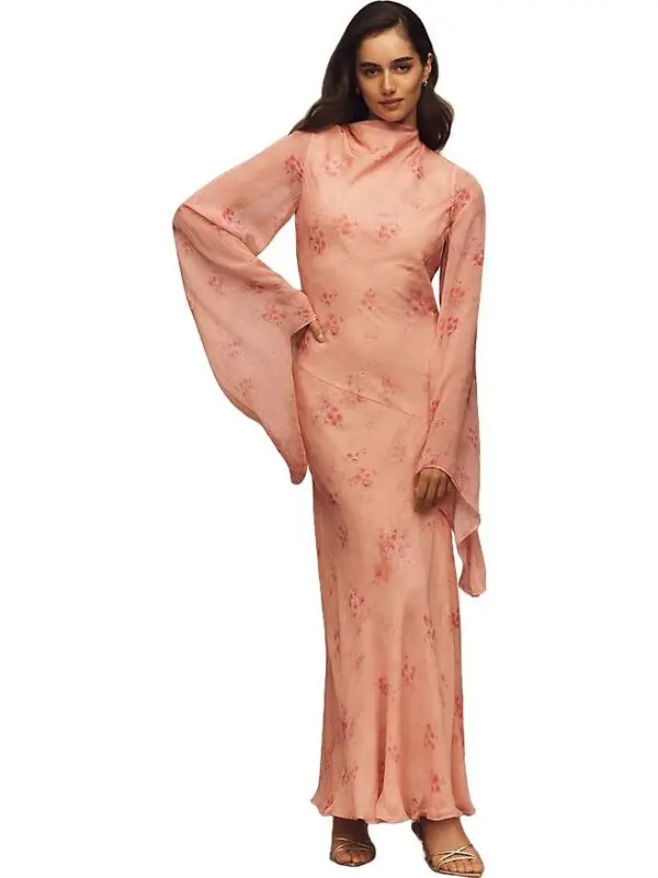 Bhldn Sheer Sleeve Gown - Peach Print